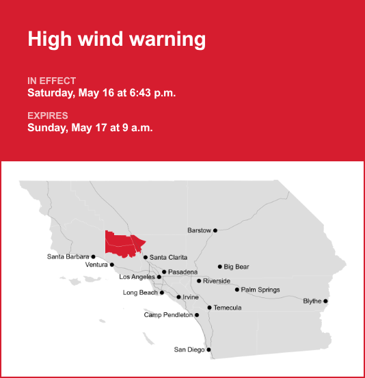 High wind warning issued for 5 Freeway north of LA until Sunday morning ...