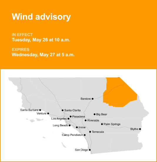 Wind advisory for San Bernardino County for Tuesday and Wednesday ...