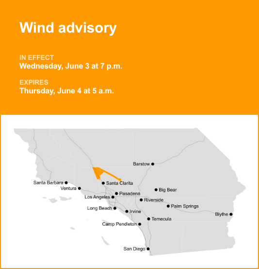 Wind advisory for 5 Freeway corridor near Santa Clarita and Antelope ...